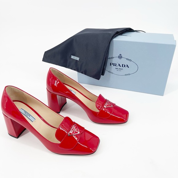 Prada | Shoes | Prada Red Patent Leather Logo Plaque Block Heel Square ...